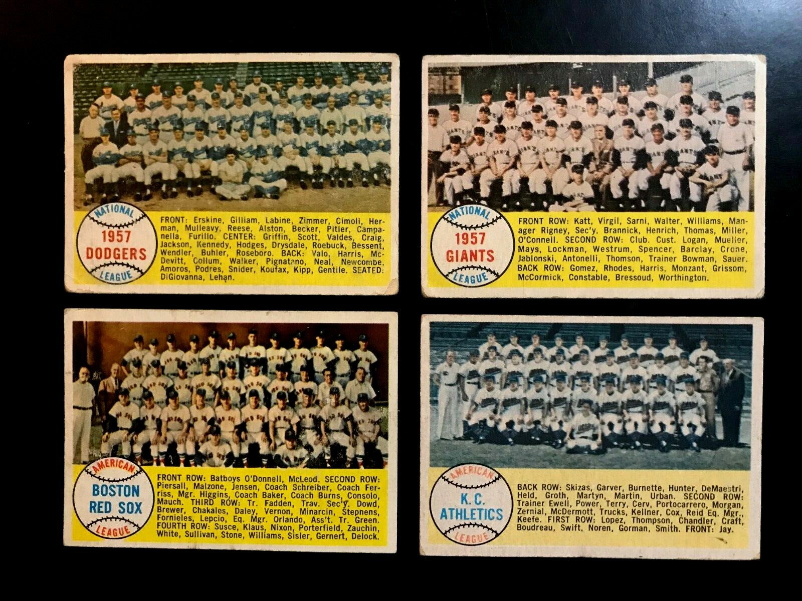 Lot of 4 - 1958 Topps Baseball Team Cards Dodgers, Athletics, Red Sox ...