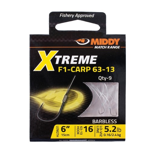 MIDDY - XTREME F1 CARP - 63-13 BARBLESS HOOKS TO NYLON - 6 INCH LO-VIZ ...