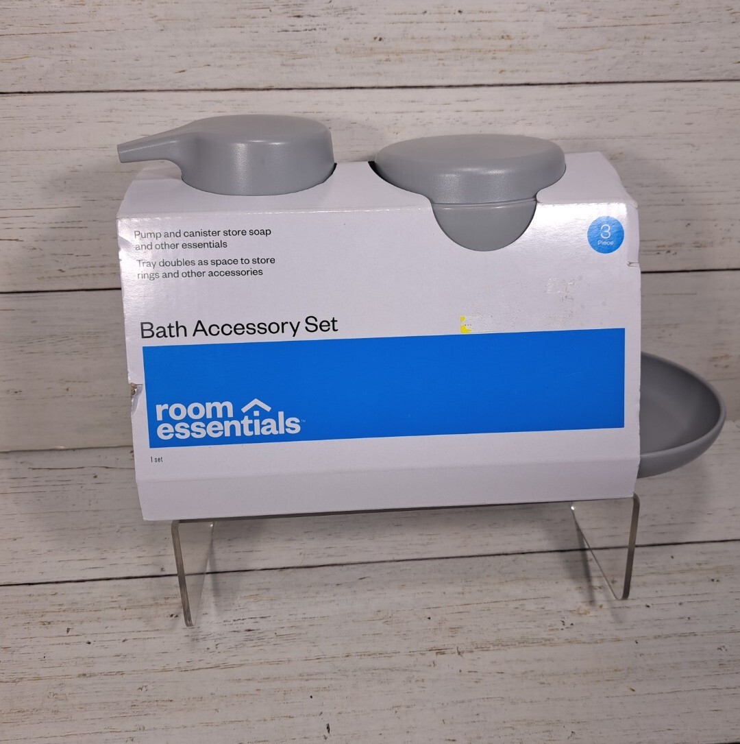 Room Essentials~ 3pc Gray Bath Bundle Set: Soap Tray & Pump & Canister ...