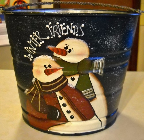 VTG GALVANIZED BALL HANDLE METAL BUCKET PAIL SNOWMEN DECOR #14 WINTER ...
