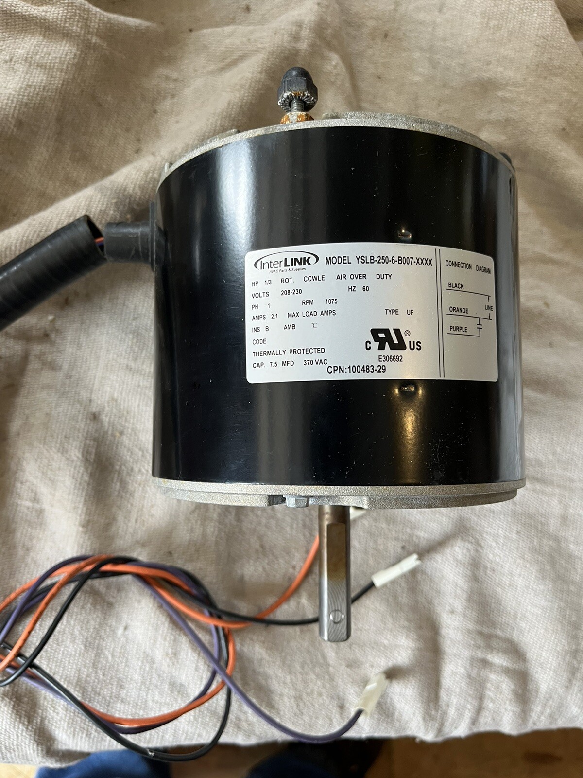 InterLink YSLB-250-6-B007-XXXX 1/3hp, 208/230V, 1075rpm Motor Lennox ...
