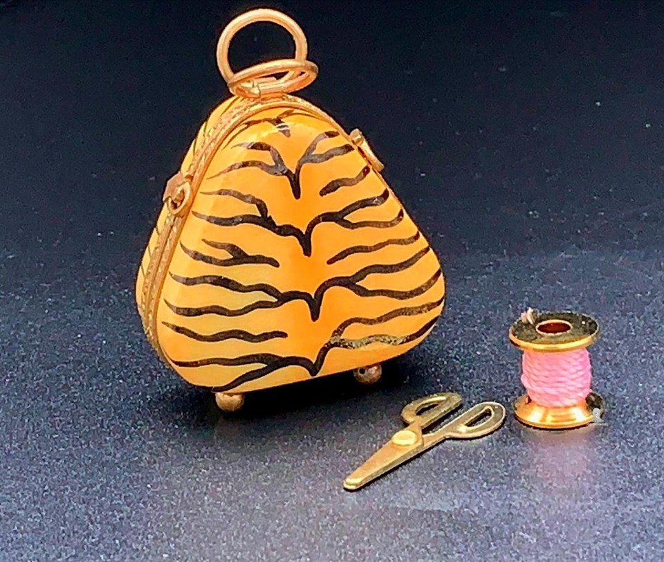 Authetic Limoges Tiger Stripe Sewing Trinket Box Mini Scissor Spool ...