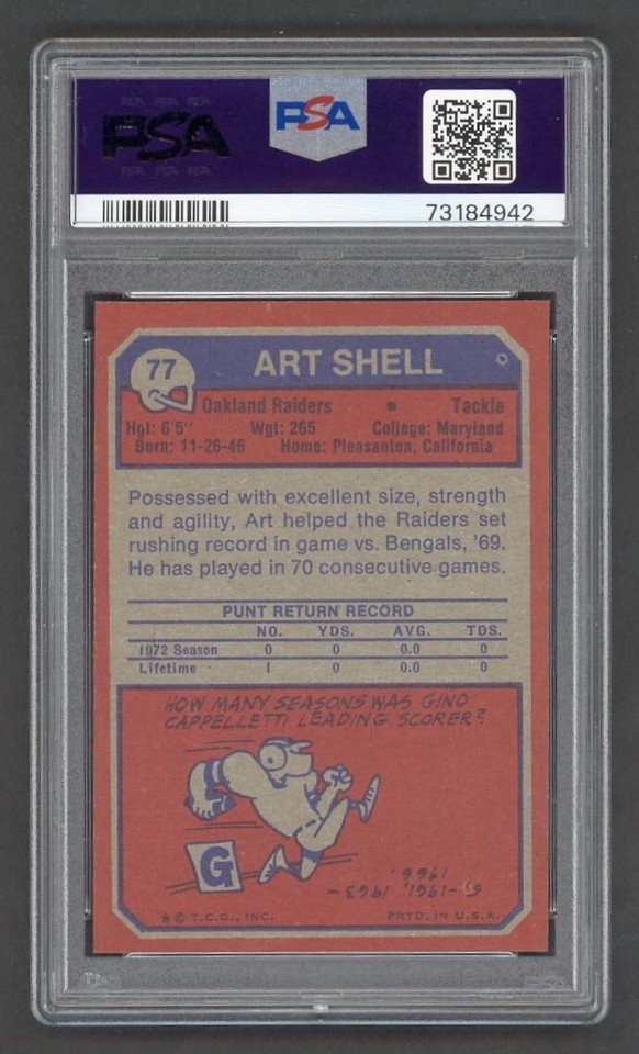 1973 Topps Football #77 Art Shell RC Rookie PSA 7 NM Oakland Raiders ...