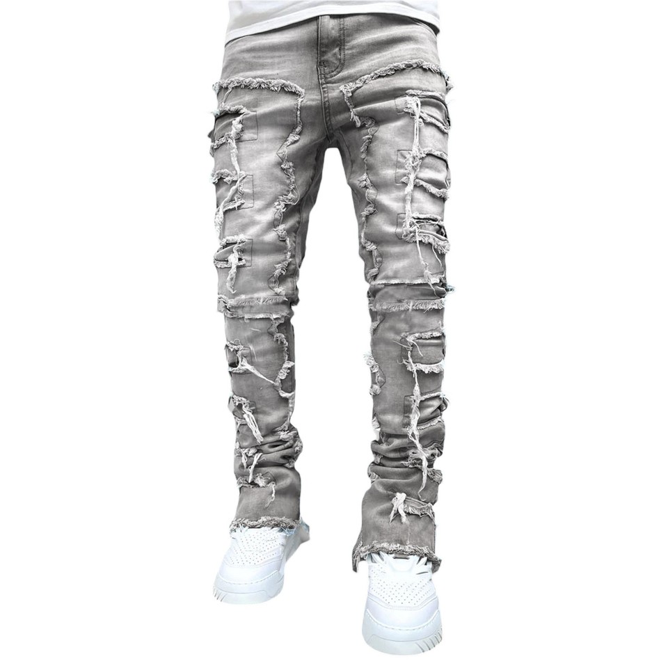Men's Stacked Jeans with Ripped Details and Individual Patches, Long ...