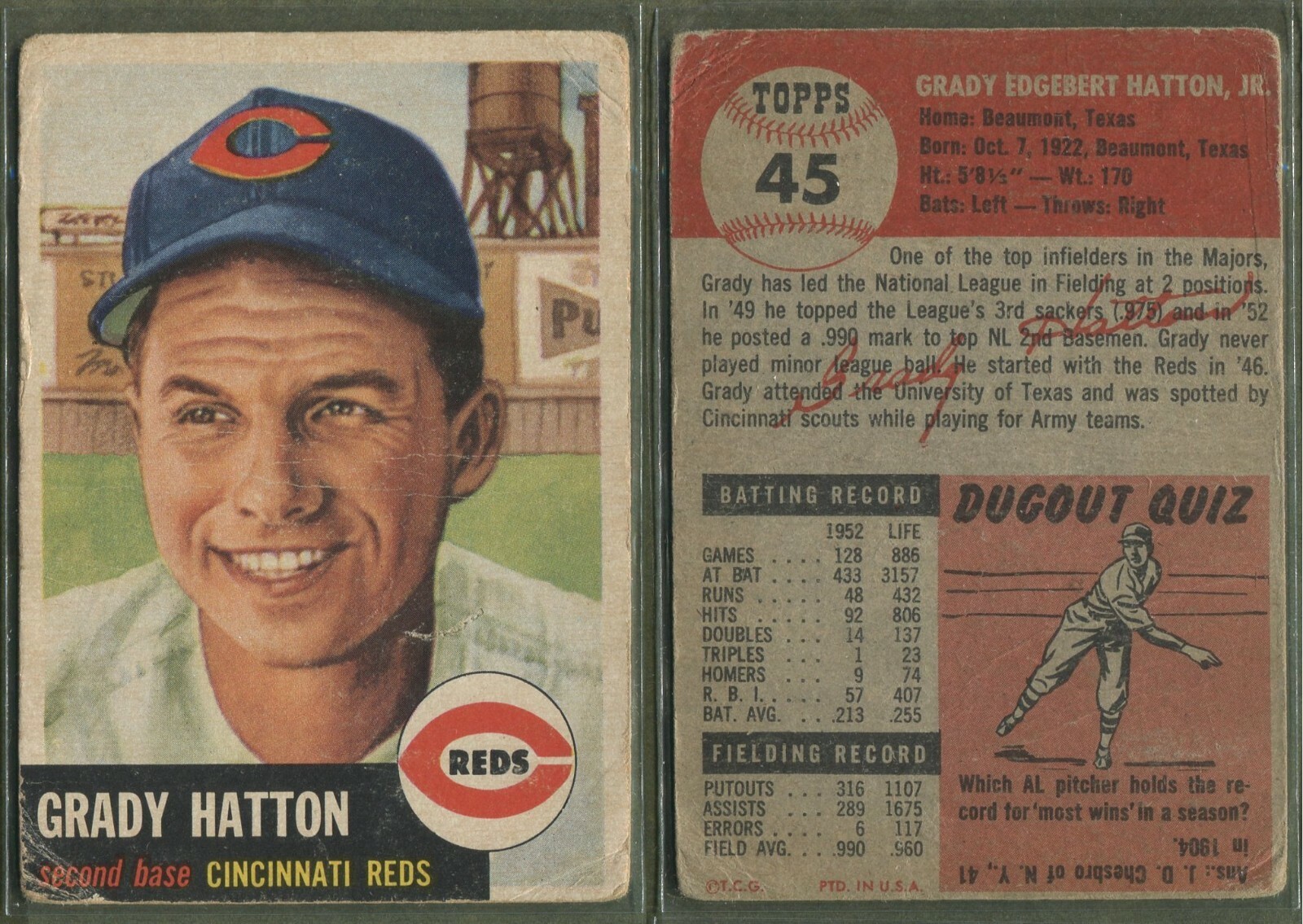 1953 Topps - #45 - Grady Hatton - Cincinnati Reds | eBay
