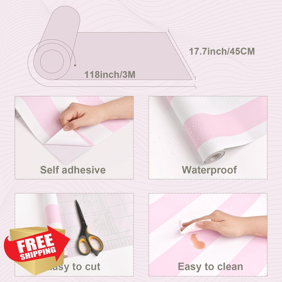Cohoo Home Wallpaper Pink Stripes 17.5"x118" Peel Stick Self Adhesive ...