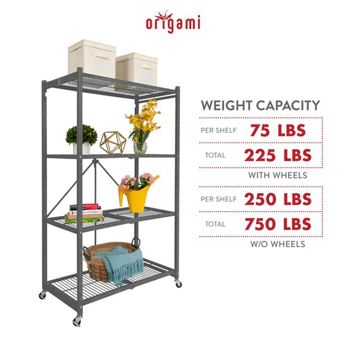 Origami 4 Tier Heavy Duty Folding Storage Rack w/ Wheels, Gray (Open ...
