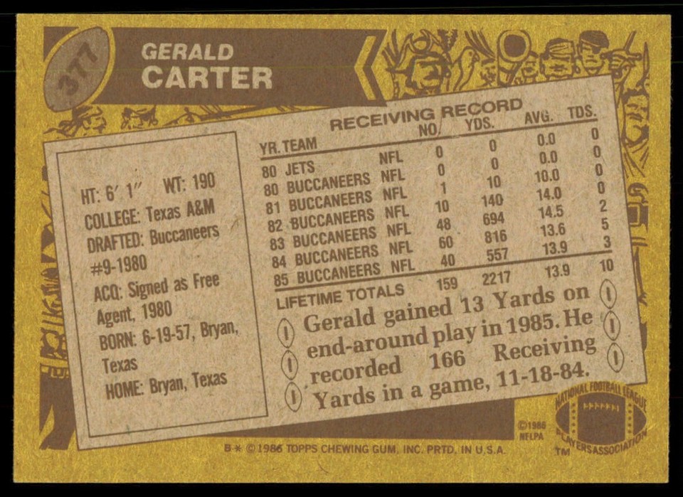 1986 Topps Gerald Carter Tampa Bay Buccaneers #377 | eBay