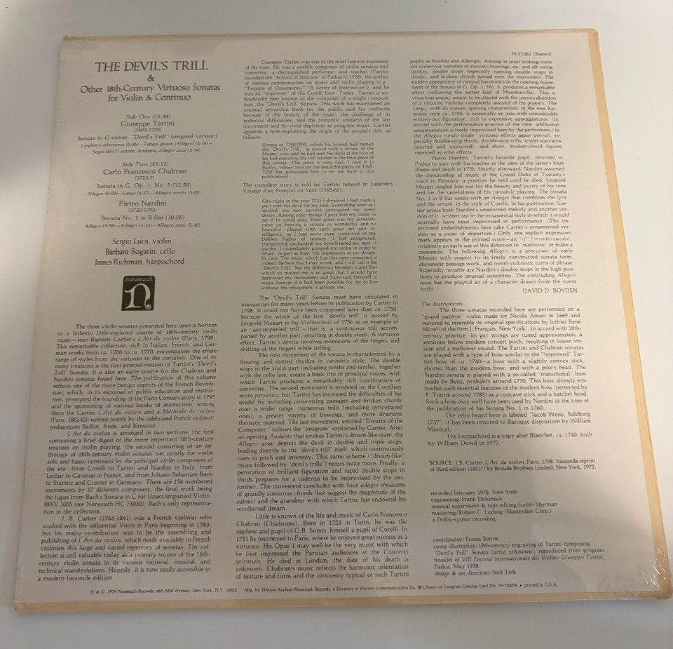 Tartini The Devil's Trill & Other 18th Cent Violin Sonatas Sergiu Luca ...