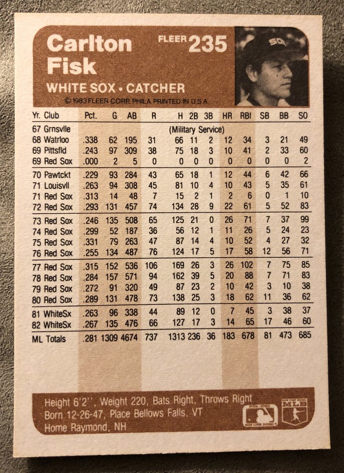 1983 Fleer Carlton Fisk Baseball Card #235 Expos HOF High Grade | eBay