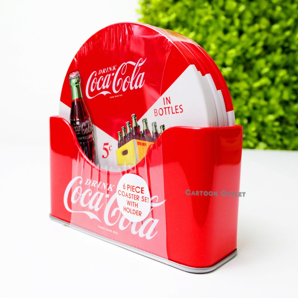 Coke 6 Pc Coaster Set with Standing Metal Holder Red Coca Cola ...