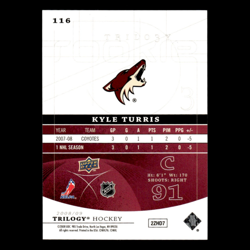 Kyle Turris Rookie #116 2008 Upper Deck Trilogy Phoenix Coyotes Hockey ...