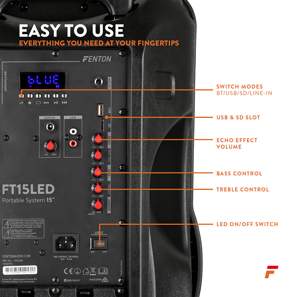 15" Portable PA System with Trolley & Wheels Powered Speaker & UHF ...