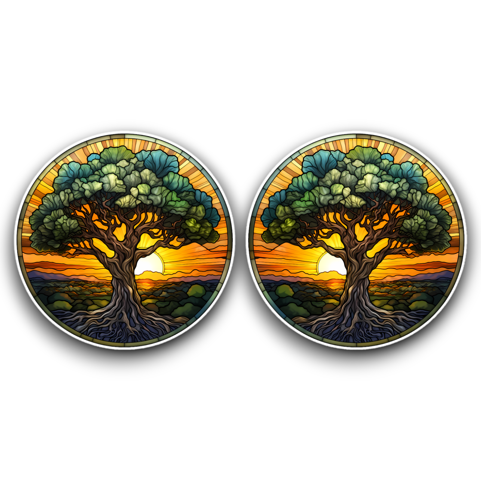 2x Small Beautiful Oak Tree Stained Glass Window Opaque Vinyl Sticker ...