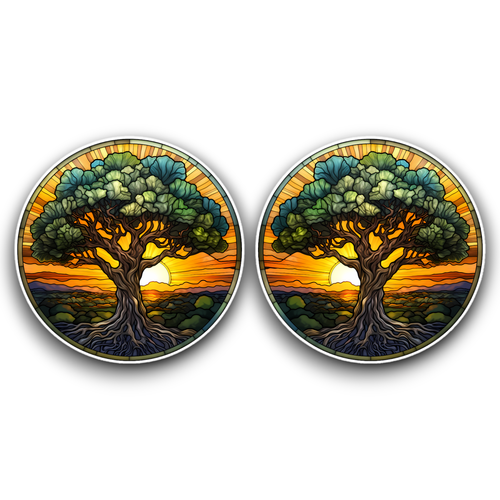 2x Small Beautiful Oak Tree Stained Glass Window Effect Vinyl Sticker ...