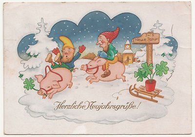 Dwarfs Riding Pigs Into the New Year New Year's Greeting 1948 ! | eBay