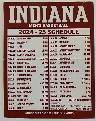 2024-2025 INDIANA HOOSIERS Schedule 🏀College Basketball Sked NEW‼️ | eBay