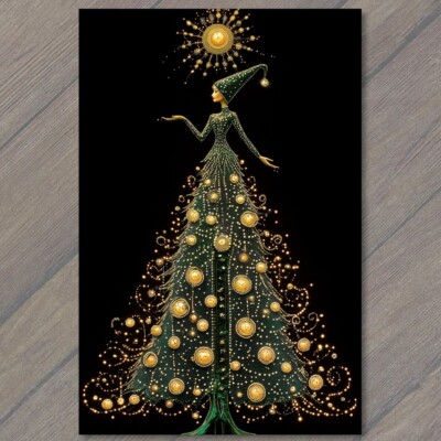 POSTCARD Green Victorian Dress Christmas Lady Holiday Elegance Festive ...