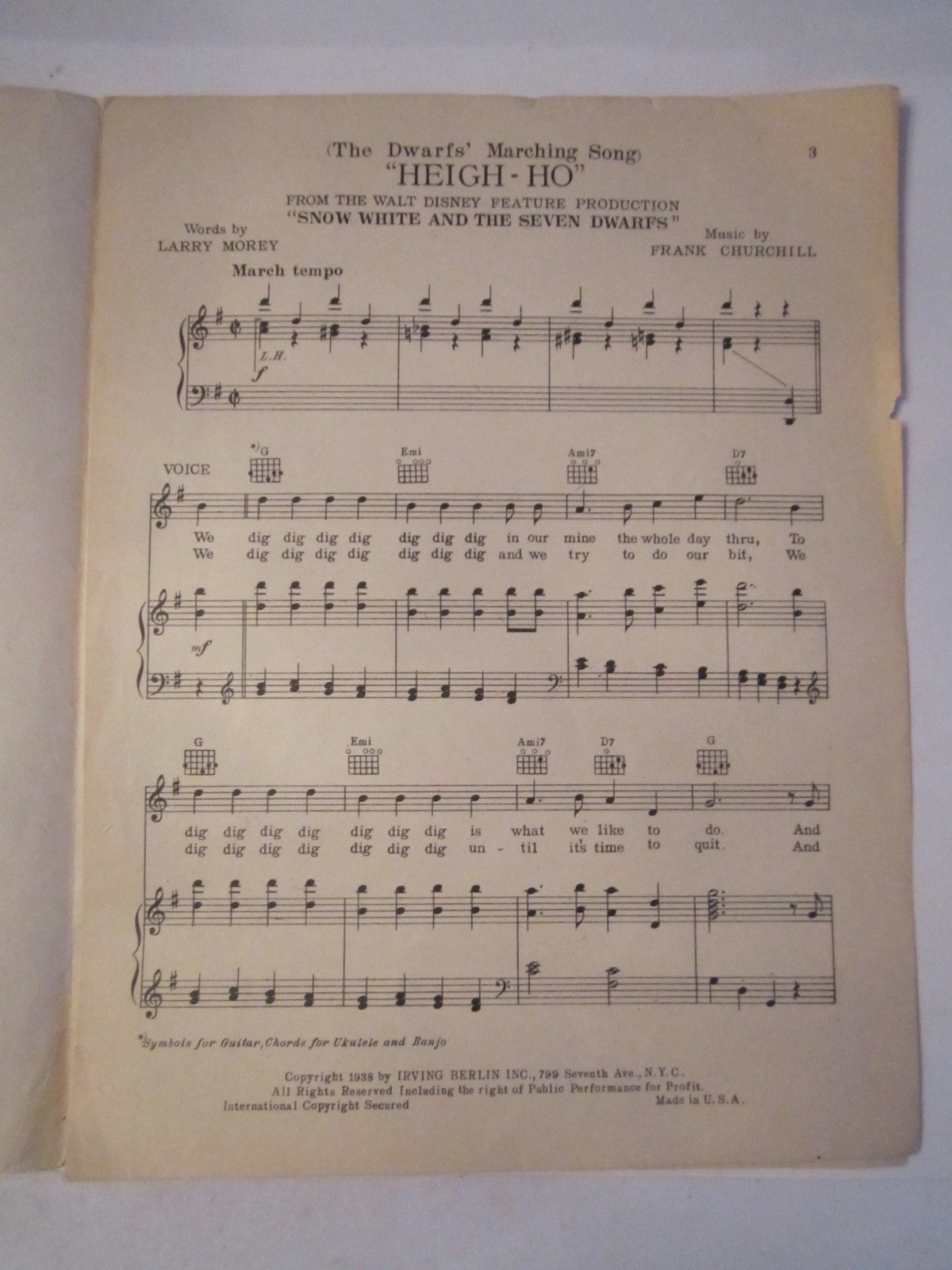 1938 SNOW WHITE & THE SEVEN DWARFS "HEIGH - HO" SONG SHEET - SEE PICS ...