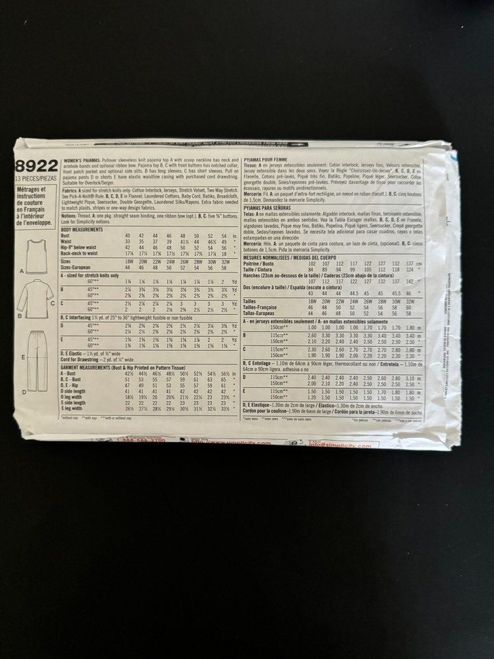 8922 SIMPLICITY Size 26W 28W 30W 32W Pajamas Top Pants Shorts Full ...