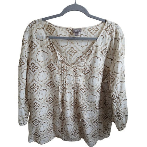 J Jill Linen Blend Tunic Top Beige Print 3/4 Sleeve beachy boho ...