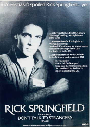 RICK SPRINGFIELD 1982 vintage POSTER ADVERT DON'T TALK TO STRANGERS | eBay