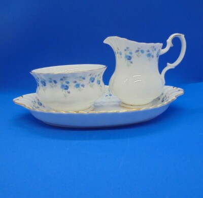 Royal Albert Memory Lane Creamer, Open Sugar Bowl & Tray Blue Flower ...
