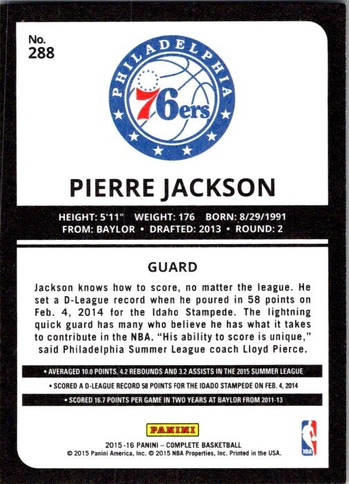 2015-16 Panini Complete Basketball Silver RC #288 Pierre Jackson ...