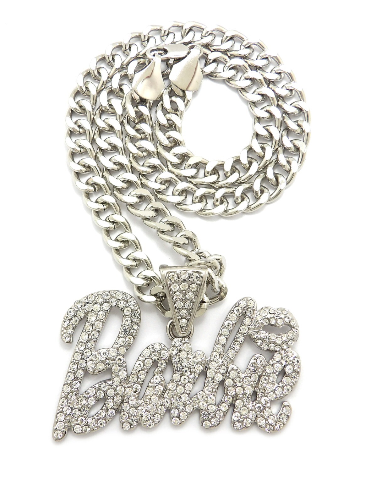 New Barbie Pendant & 9mm 18" Cuban Chain Necklace White Gold Plated* | eBay