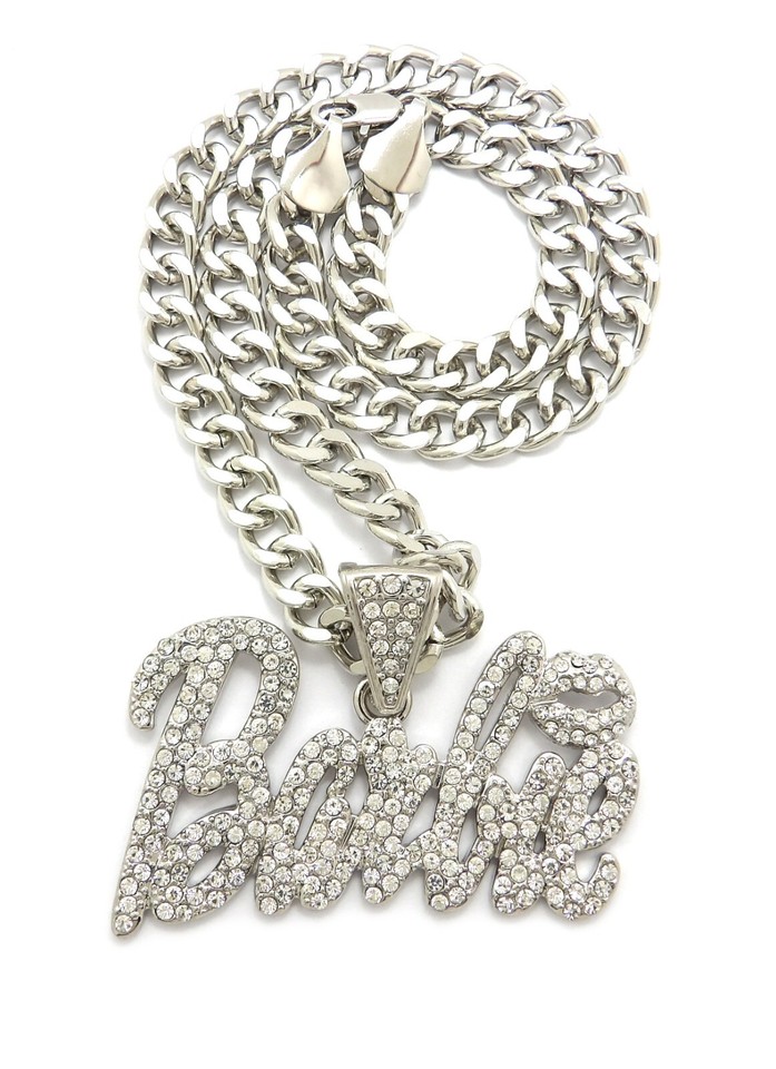 New Barbie Pendant & 9mm 18" Cuban Chain Necklace White Gold Plated* | eBay