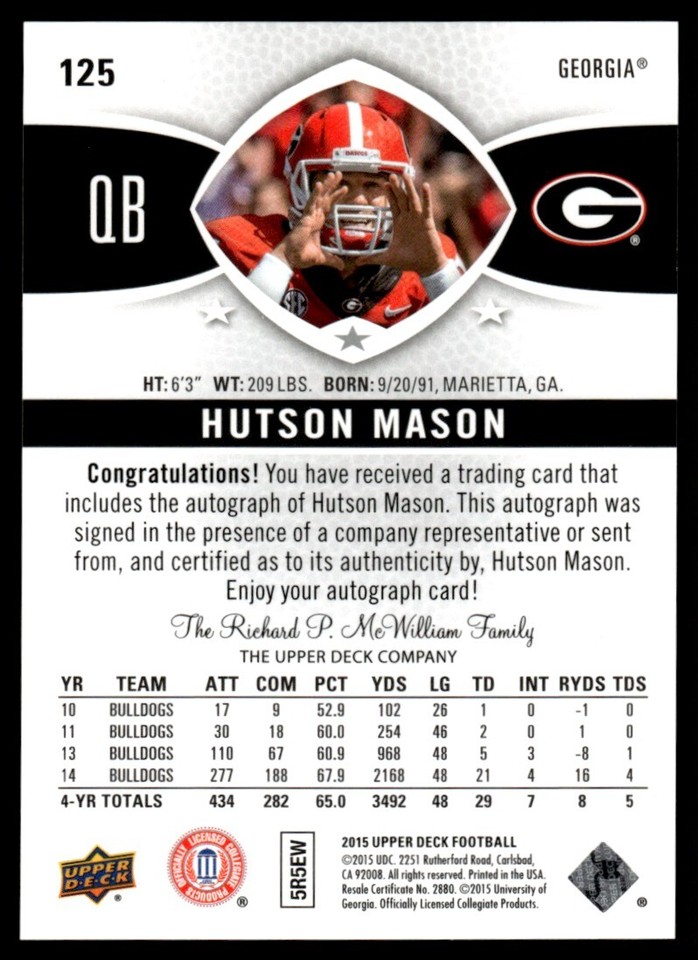 2015 Upper Deck Star Rookie Autographs Hutson Mason Rookie Auto Georgia ...