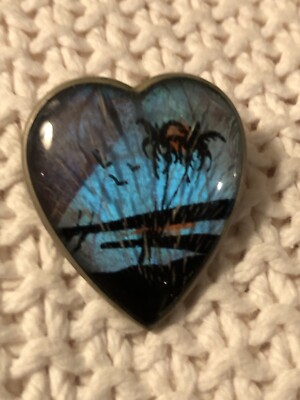 Vintage Heart Shaped Pendant Pin - Silver Tone & Blue Morpha Wing ...