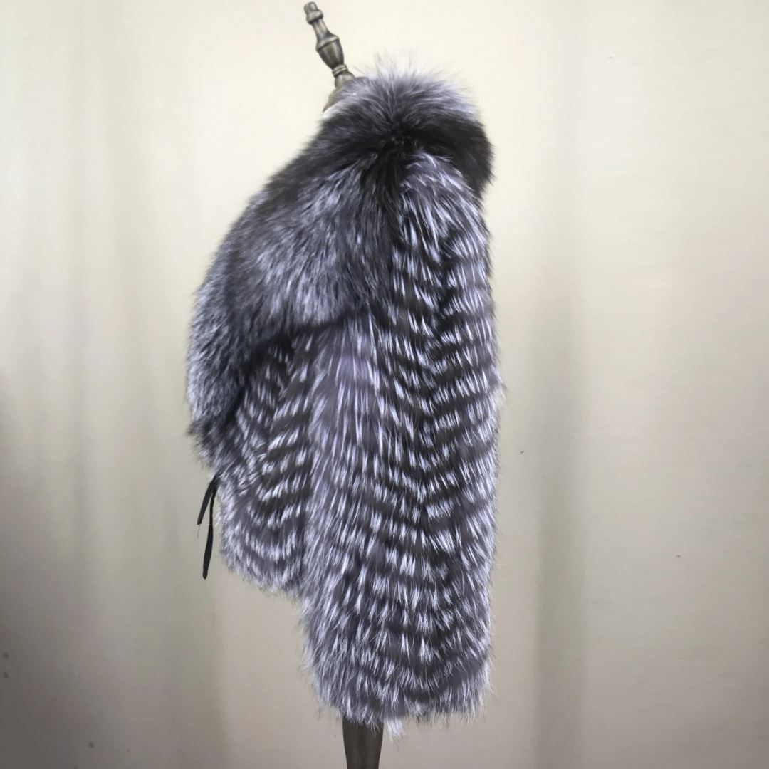 Women's Real Silver Fox Fur Coat Fluffy Collared Jacket Winter Elegant ...