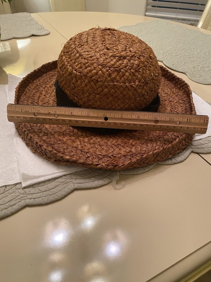 Dark Caramel Color Straw Hat With Black Ribbon & Wide Brim | eBay