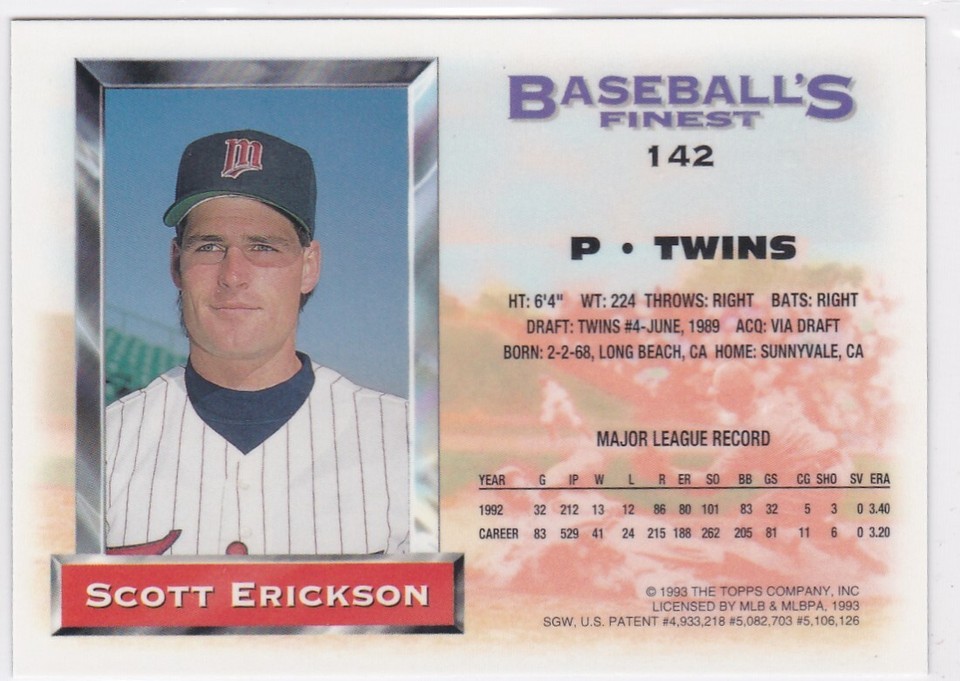 1993 Topps Finest #142 Scott Erickson Twins Free Shipping! | eBay