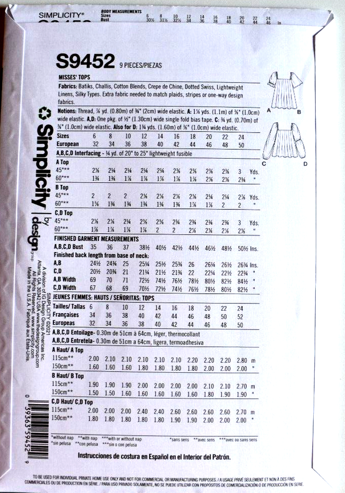 SIMPLICITY PATTERN 9452 TOPS MISSES SIZES 6 8 10 12 14 UNCUT | eBay