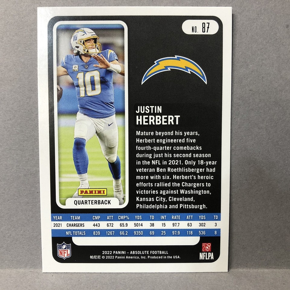2022 Panini Absolute Justin Herbert #87 Football Los Angeles Chargers ...