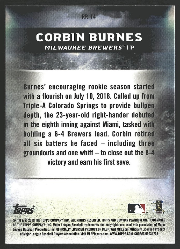 2019 Bowman Platinum #RR-14 Corbin Burnes Renowned Rookies | eBay
