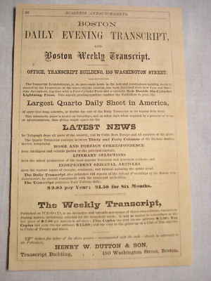1872 Two Sided Boston Ads Boston Daily Advertiser & Boston Evening ...