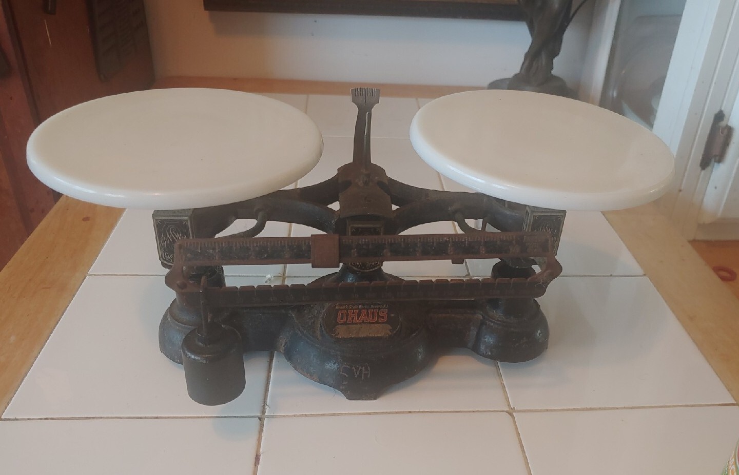 Vintage Ohaus Black Iron Balance Scale Double Beam Milk Glass. Newark ...