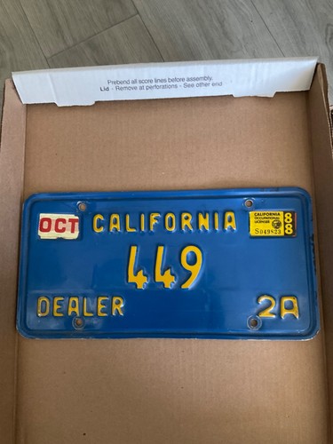 Vtg California Dealer License Plate - #449 Dealer 2A, 1988 Tag - Blue ...