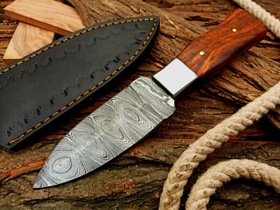 Custom Hand Forged Damascus Steel Boot Knife EDC, Full Tang Wood Handle ...