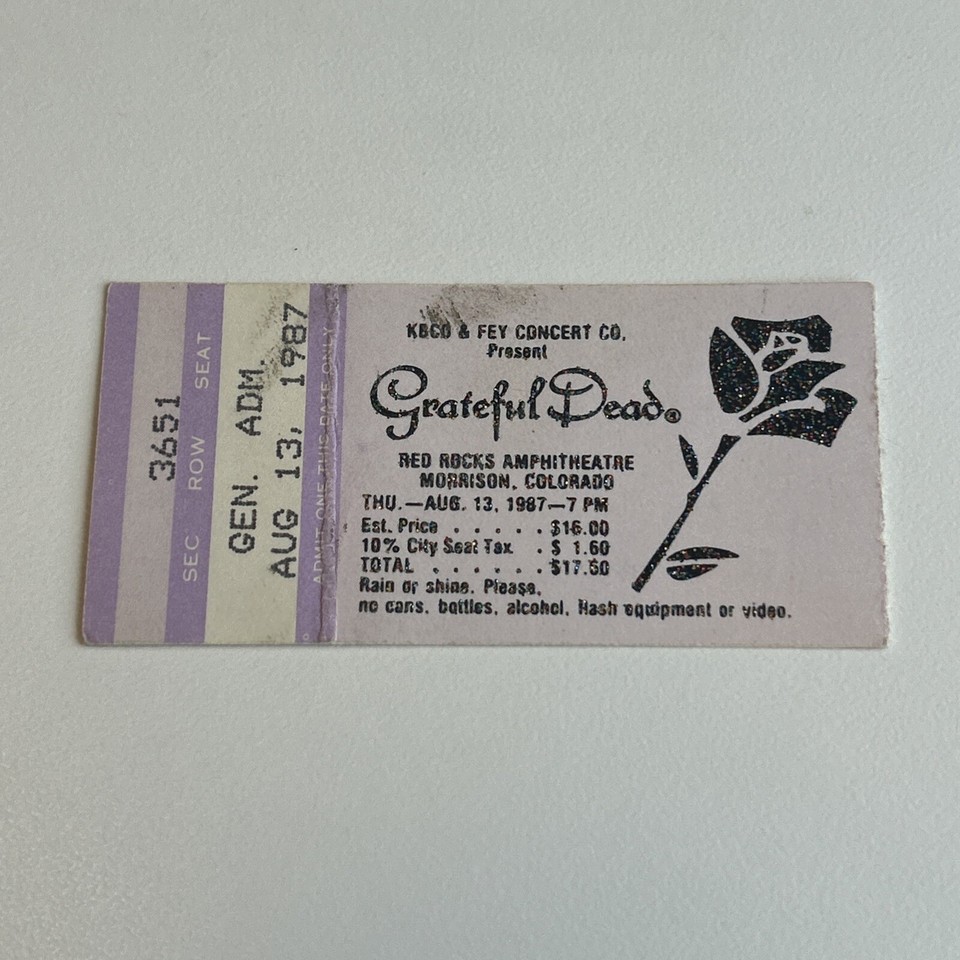 GRATEFUL DEAD TICKET 08-13-1987 RED ROCKS JERRY GARCIA BOB WEIR LESH ...
