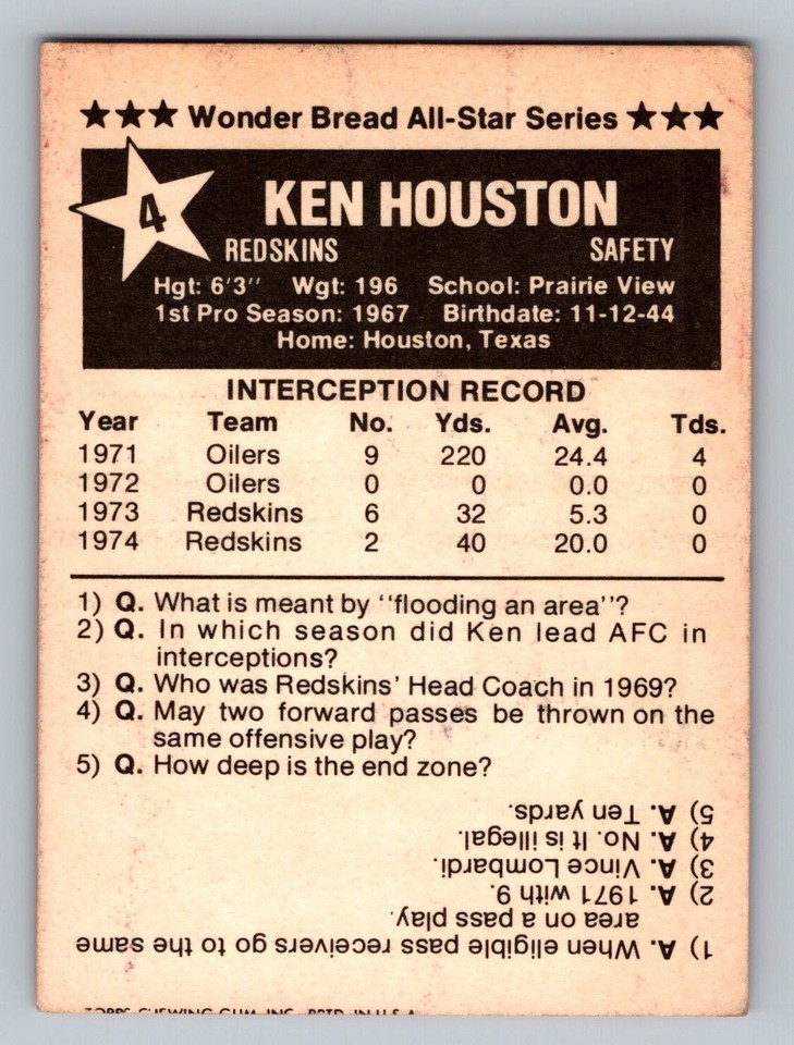 1975 Town Talk Bread #4 Ken Houston | eBay