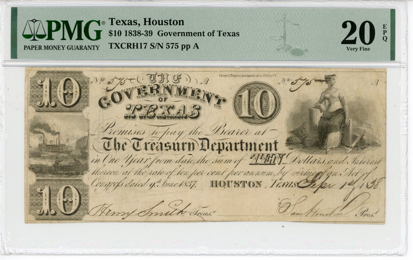 1838-39 $10 Obsolete Note The Government of Texas Houston 20 EPQ PMG ...
