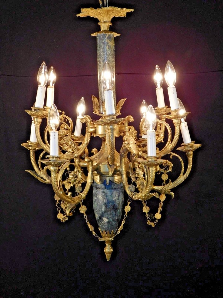 ANTIQUE Huge 12 Arm 12 Light Fancy Bronze Green Marble Ram's Head ...