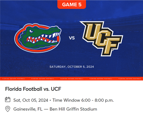 2 Tickets FLORIDA GATORS vs UCF 10/5/24 (Great Seats out of sun and ...