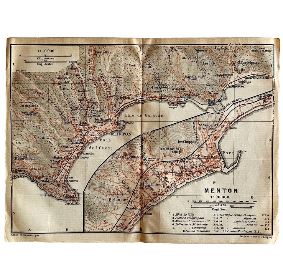 Map Menton Southern France Rare 1914 Lithograph WW1 Era WHBS | eBay
