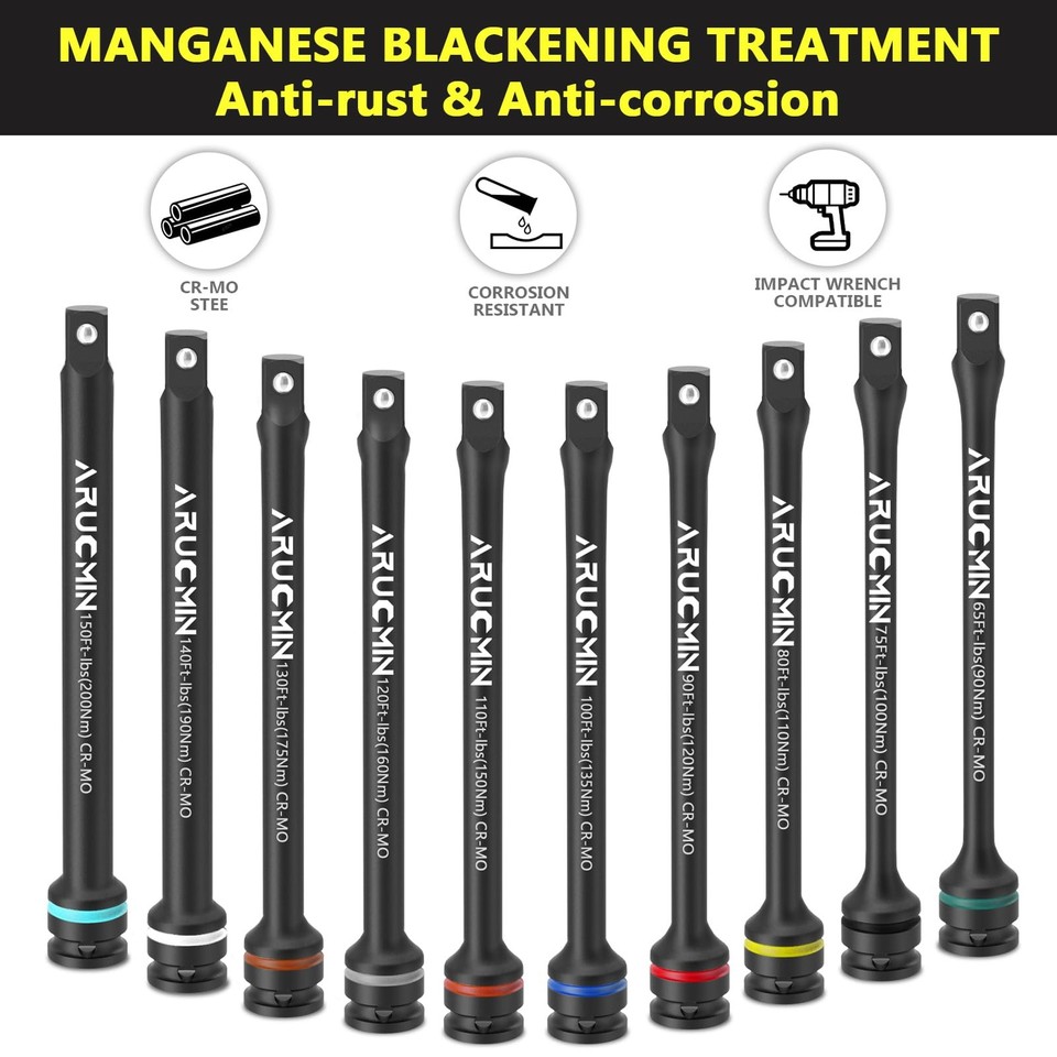 1/2" Drive Torque Limiting Extension Bar Set, 10-Piece Lug Nut Torque ...