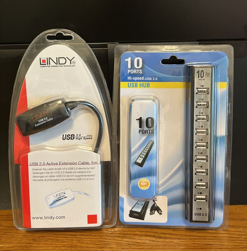 10 Port USB 2.0 External HUB with Power Adapter & Lindy Extension Cable ...